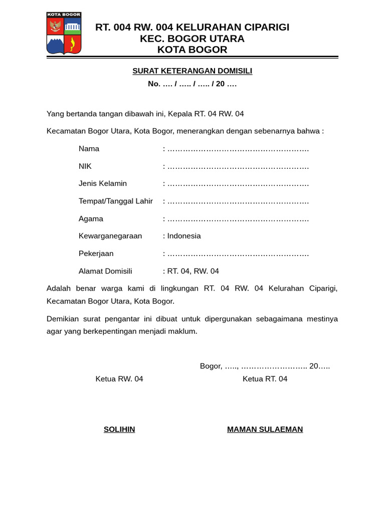 Surat Keterangan Domisili RT 04 Bogor | PDF