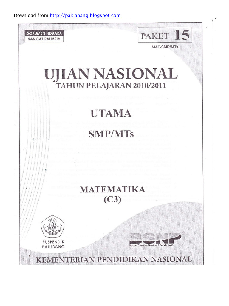 Naskah Soal UN Matematika SMP 2011 (Paket 15) | PDF