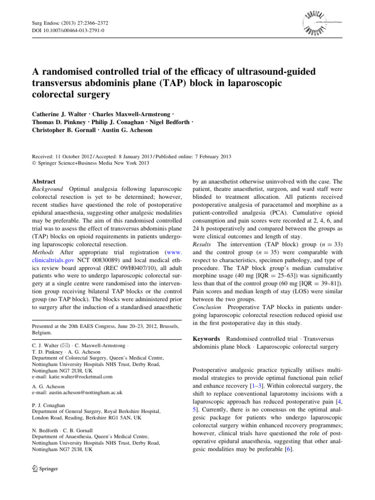 Efficacy of TAP Block in Colorectal Surgery | PDF | Anesthesia | Surgery