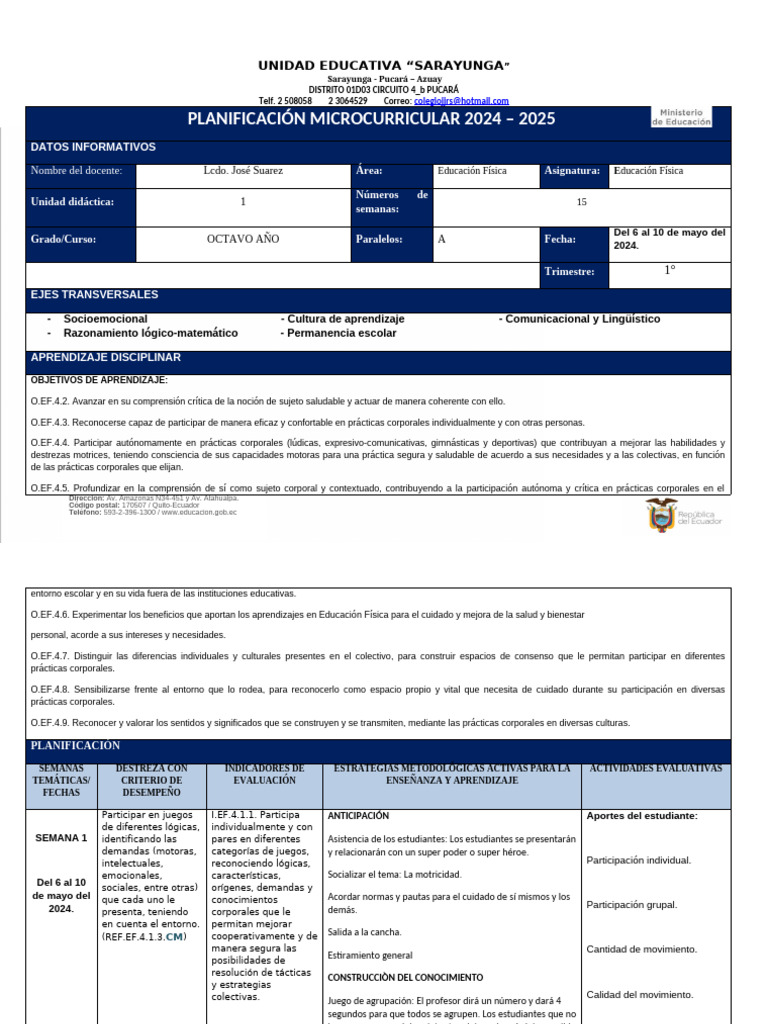 EEFF 8vo Año - PLANIFICACIÓN | PDF | Aprendizaje | Maestros