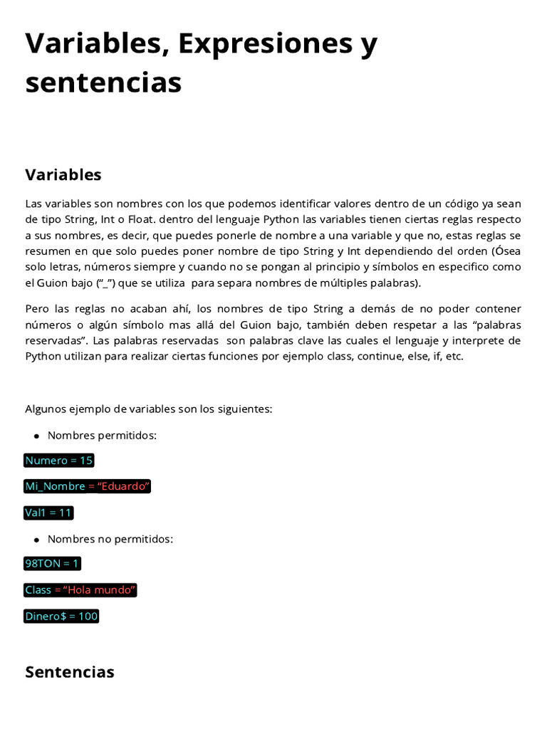 Variables, Expresiones y Sentencias | PDF | Python (lenguaje de programación) | Variable ...