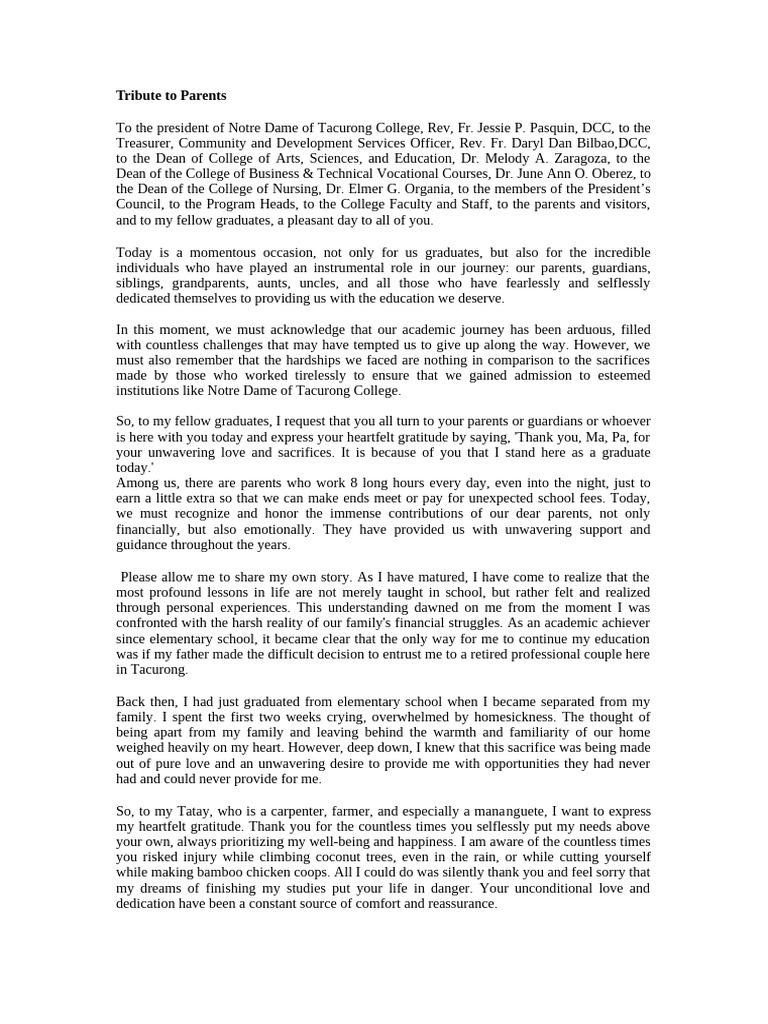 Tribute To Parents Speech | PDF
