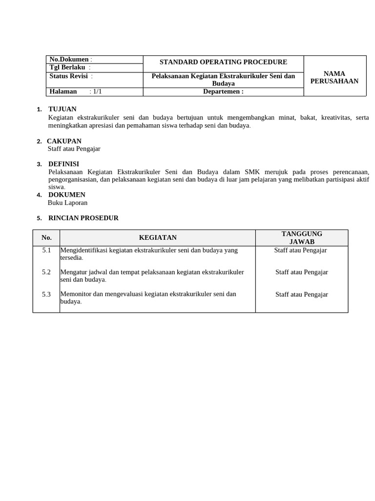 SOP Pelaksanaan Kegiatan Ekstrakurikuler Seni Dan Budaya | PDF