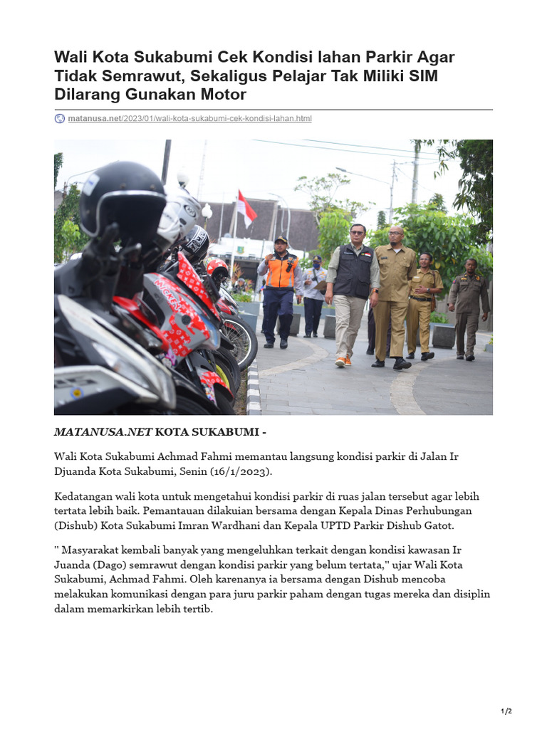 Wali Kota Sukabumi Cek Kondisi Lahan Parkir Agar Tidak Semrawut Sekaligus Pelajar Tak Miliki SIM ...