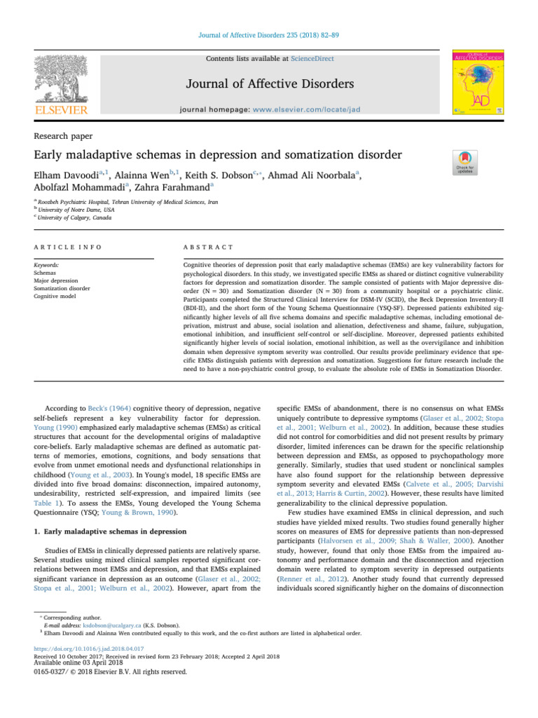 Early Maladaptive Schemas in Depression and Somatization Disorder | PDF ...
