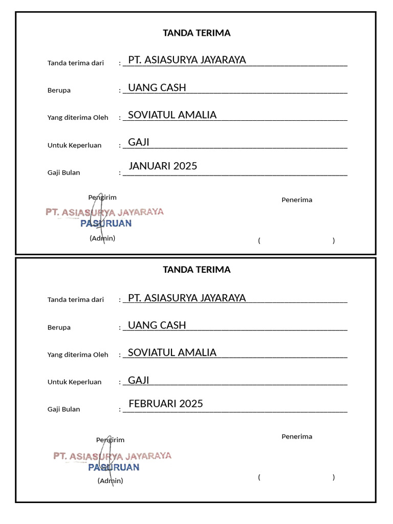 Tanda Terima Gaji Tunai Januari-Februari | PDF