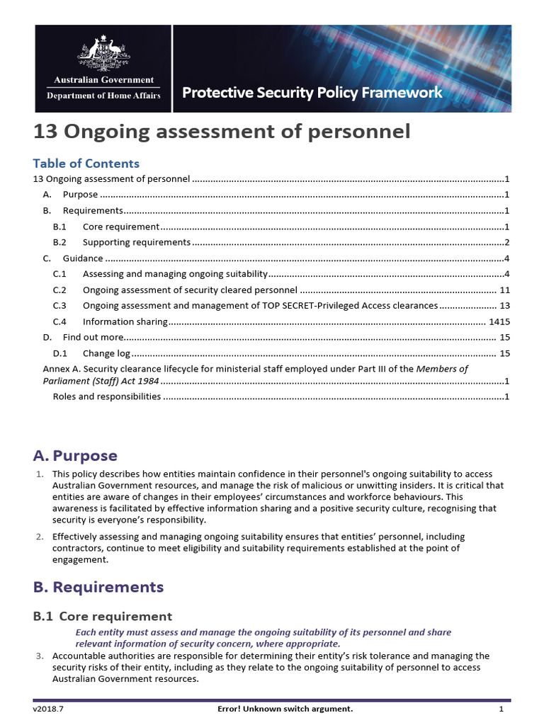 PSPF Policy 13 Ongoing Assessment of Personnel | PDF | Security ...