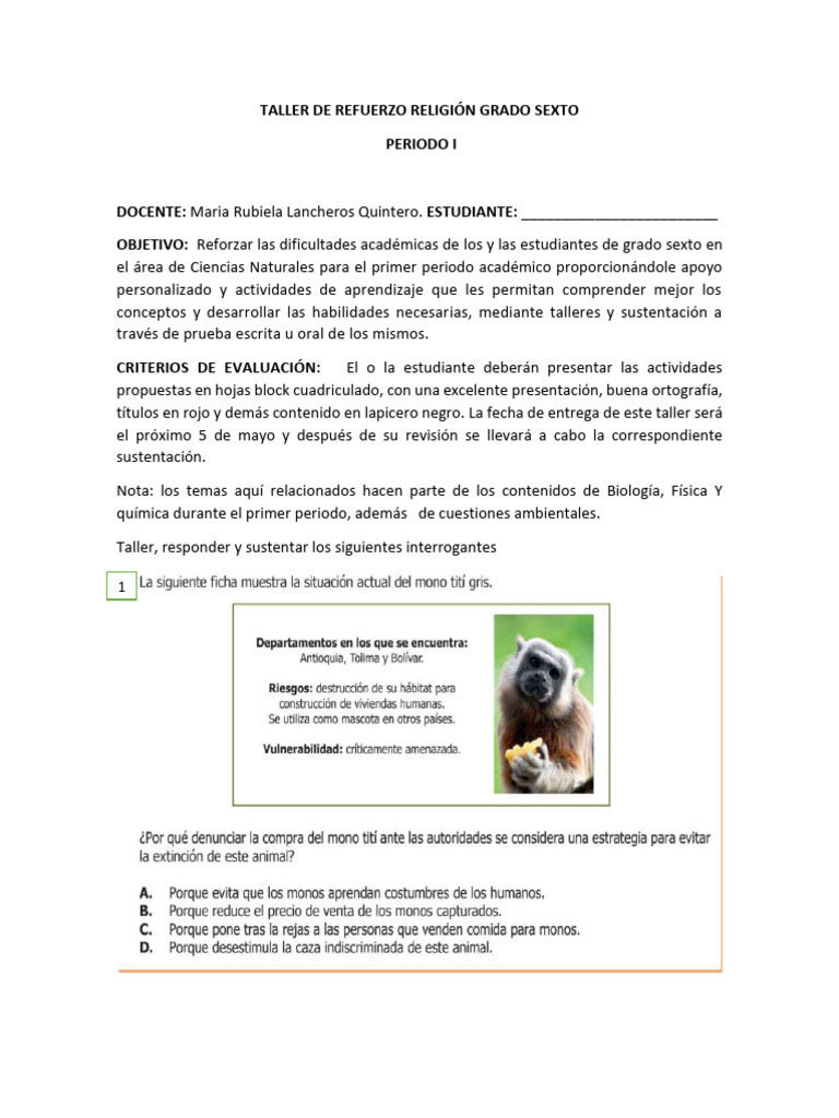 Taller Ciencias Naturales Grado 6 | PDF