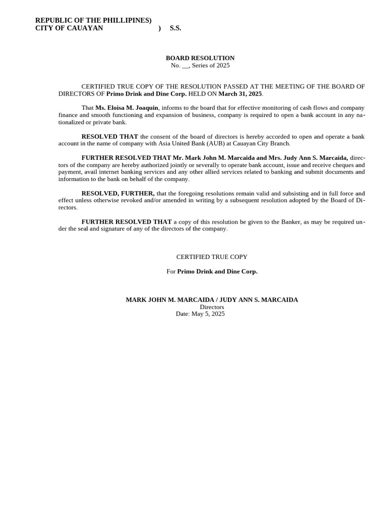 Board Reso - Bank Open | PDF