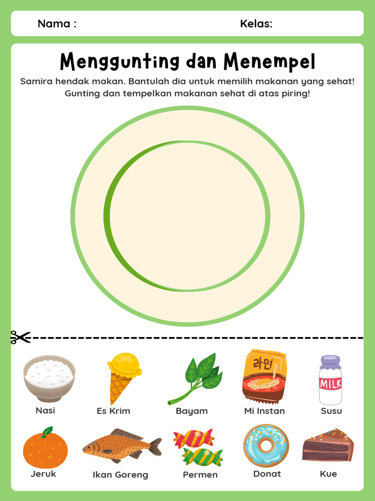 Menggunting Dan Menempel Gambar Makanan Sehat Lembar Kerja Hijau ...