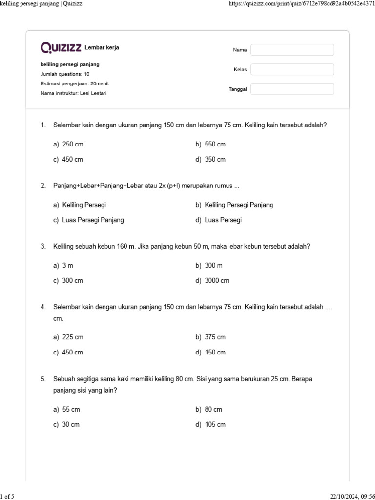 Keliling Persegi Panjang - Quizizz | PDF