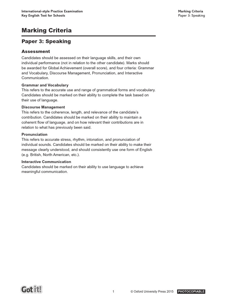 Marking Criteria Speaking | PDF | English Language | Cognitive Science