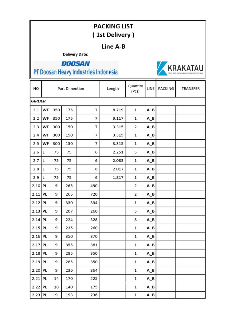 (Packing List) Road Crossing Pipe Rack DOOSAN | PDF