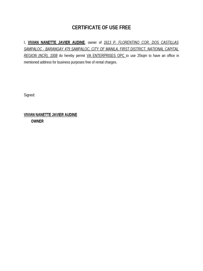 Certificate of Used Free - VAEOPC | PDF