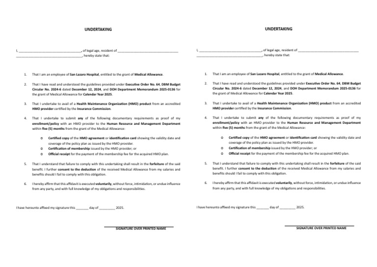 Medical Allowance Undertaking 2025 | PDF | Health Maintenance ...