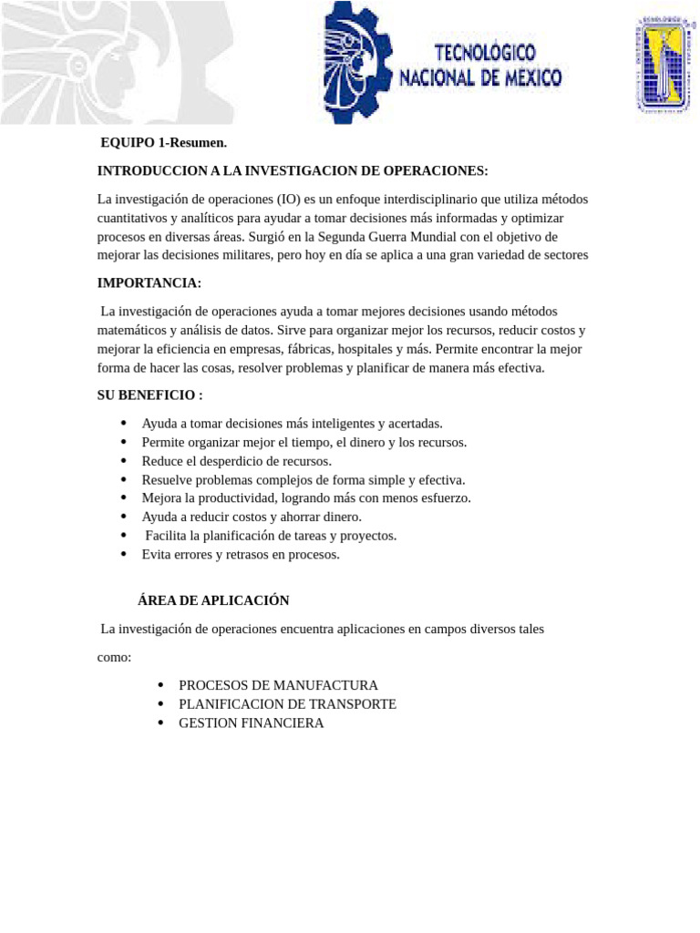 EQUIPO 1-Resumen. Introduccion A La Investigacion de Operaciones | PDF | Programación lineal ...
