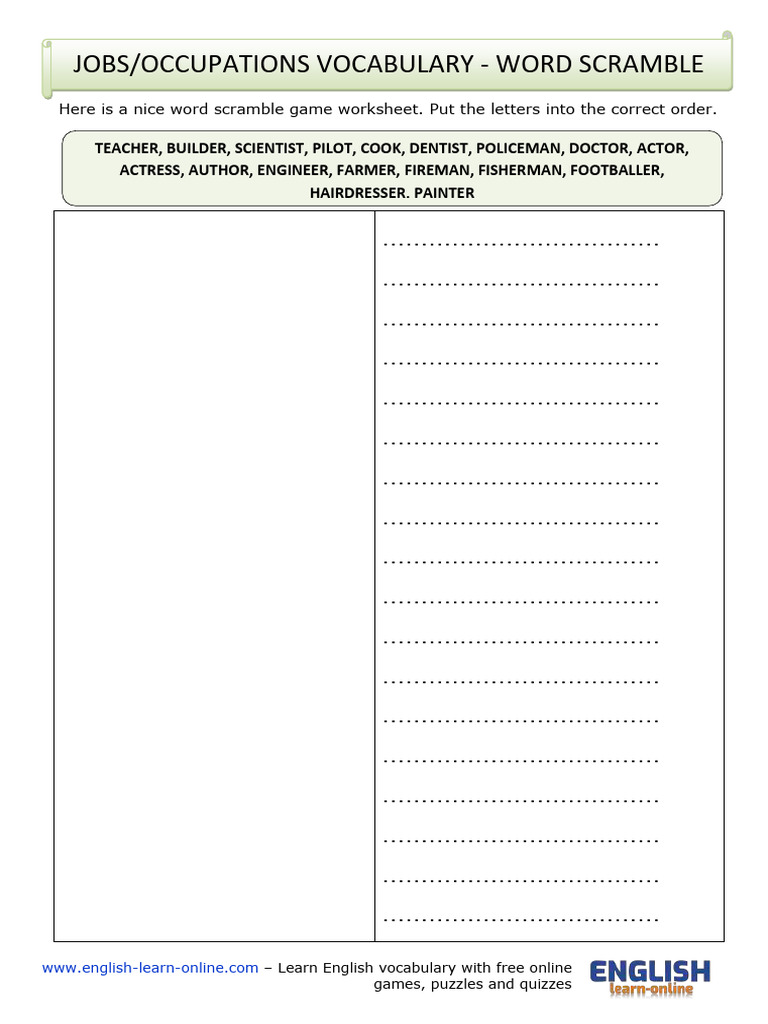 Jobs Occupations Vocabulary Word Scramble Game Worksheet | PDF