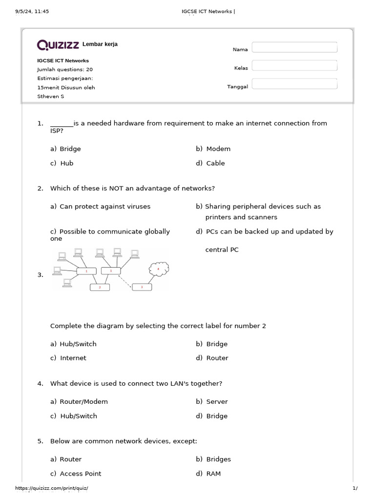 IGCSE ICT Networks Quizizz Worksheet | PDF | Computer Network | Network ...