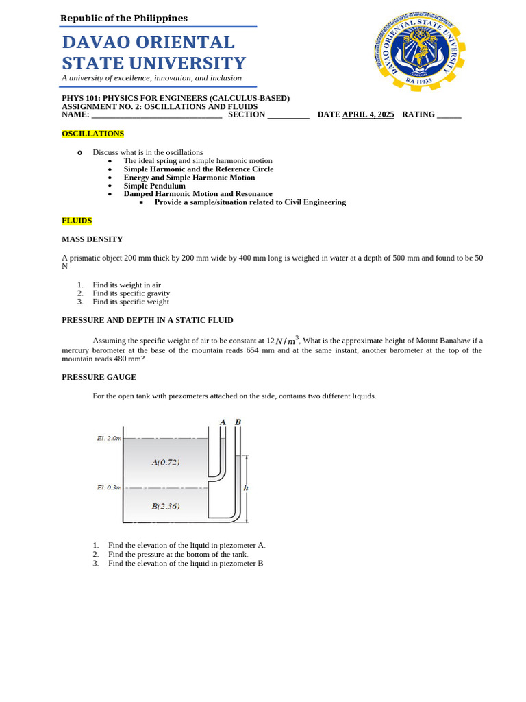 PHYS101 Assignment No 2 Oscillations Fluids 2025 | PDF | Fluid Mechanics | Applied And ...