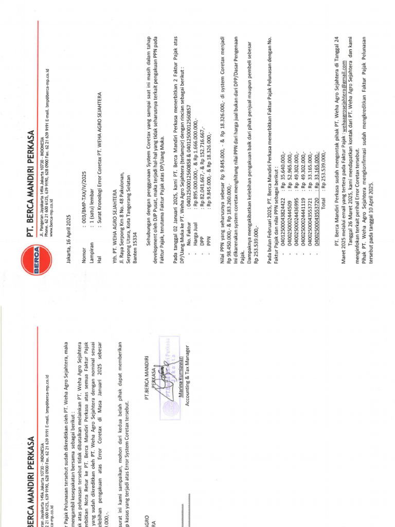 Surat Kronologi Error Coretax PT - Weha Agro Sejahtera | PDF