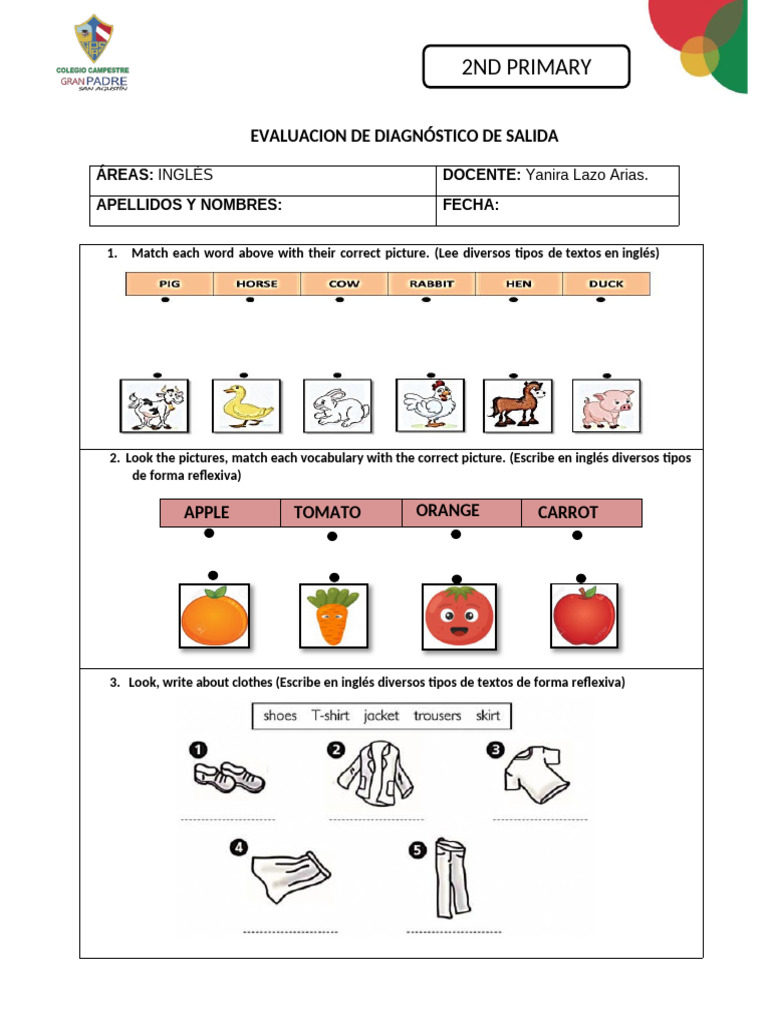 INGLÉS - 2ND PRIMARY - Evaluacion de Estandares Del Nivel Inmediato ...