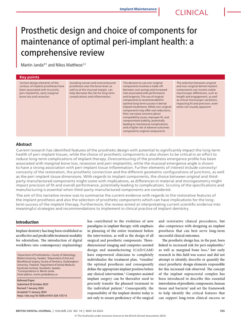 Prosthetic Design for Implant Health | PDF | Dental Implant | Prosthesis