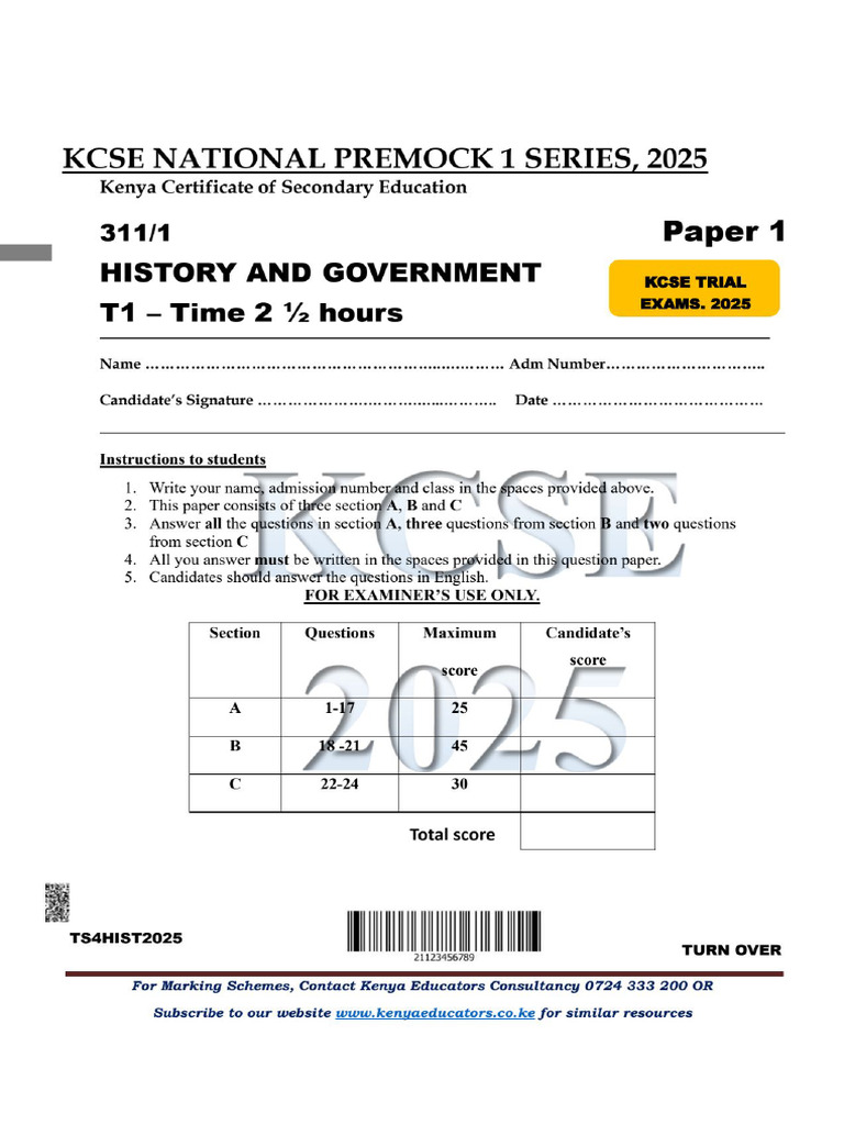 KCSE 2025 NATIONAL PREMOCK 1 History pp1 | PDF