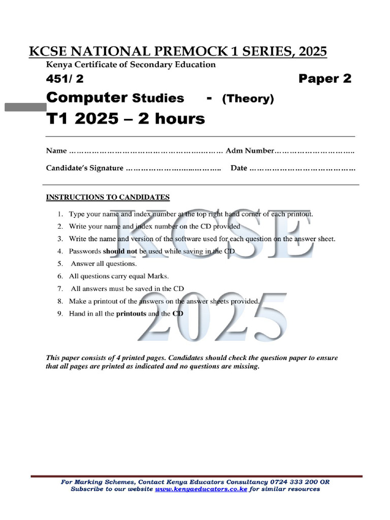 KCSE 2025 NATIONAL PREMOCK 1 Computer Studies Pp2 | PDF