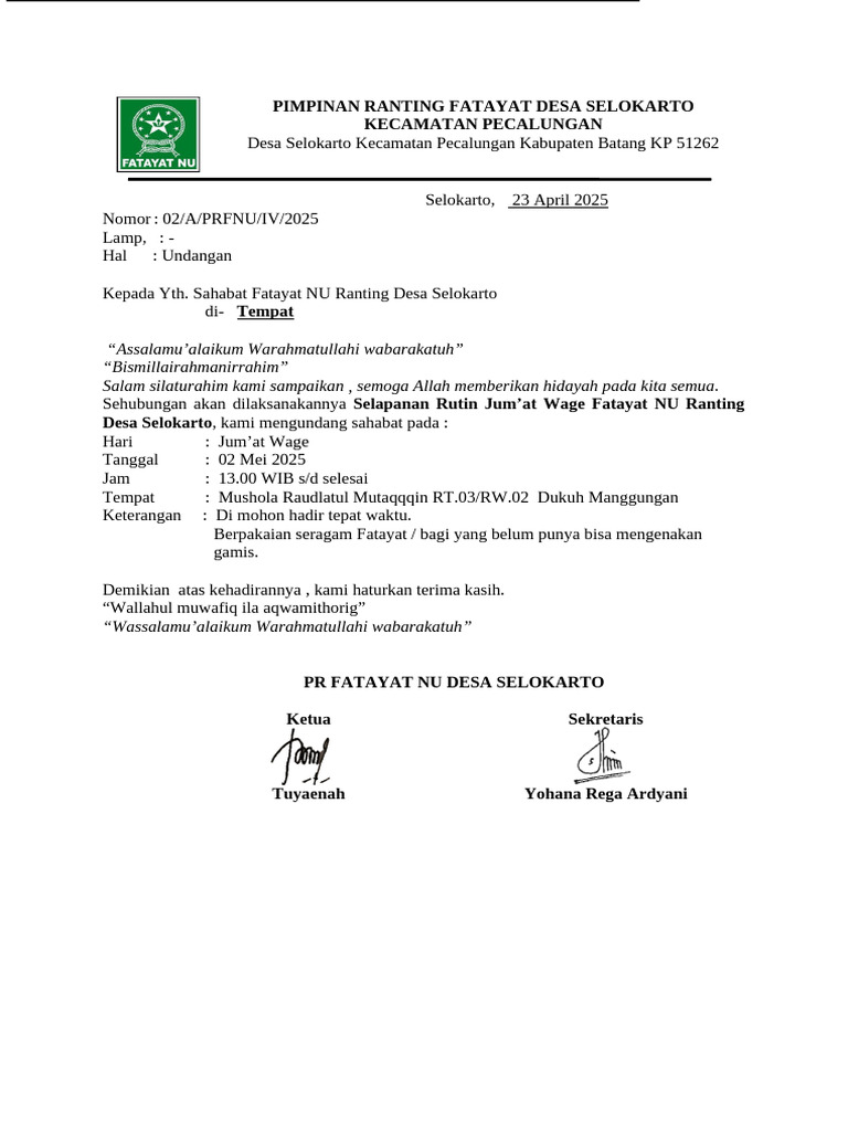Undangan Selapanan Rutin Fatayat | PDF