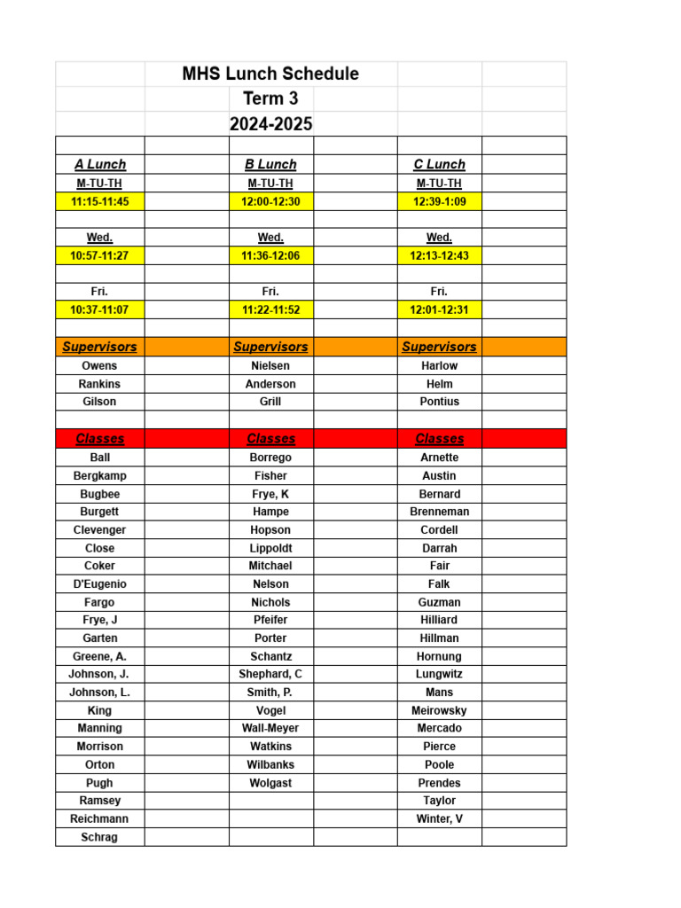 Copy of Maize HS 24-25 MHS Lunch Schedule | PDF