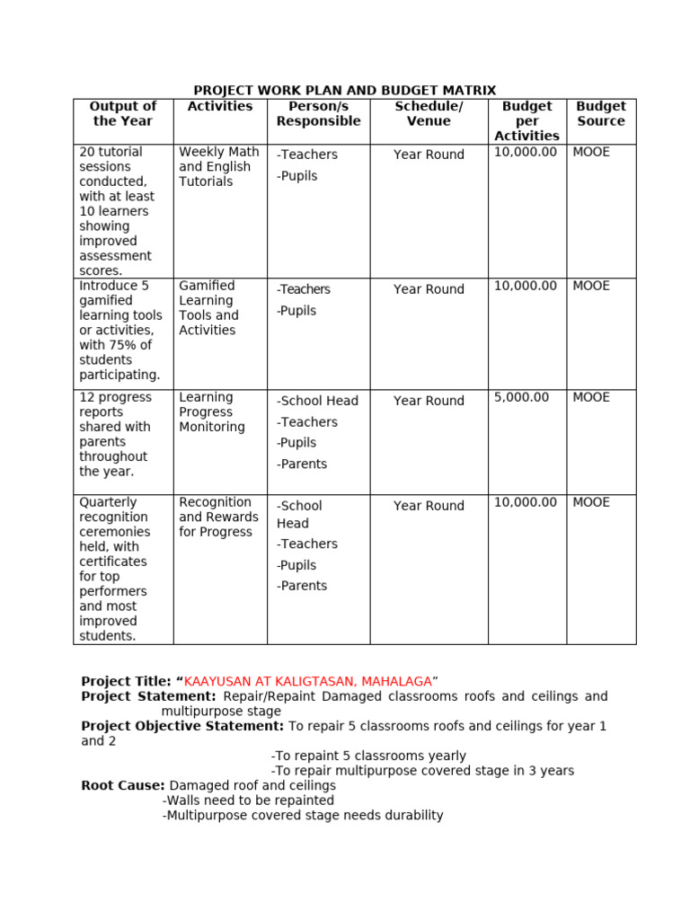 Project Work Plan and Budget Matrix | PDF | Learning