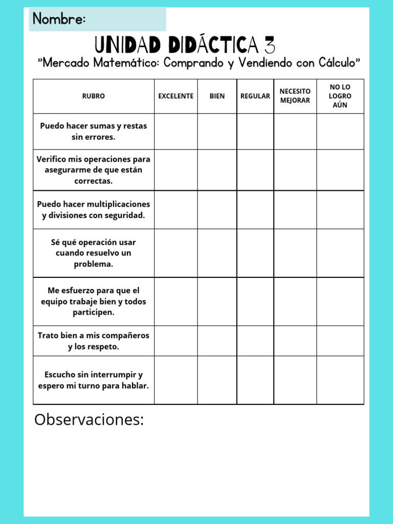Turqoise Colorful Student Self Evaluation Behavior Checklist Worksheet ...