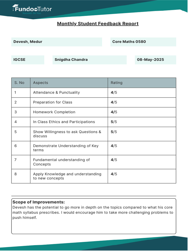 Devesh's Monthly Feedback by Teacher Snigdha Chandra For Core Maths ...