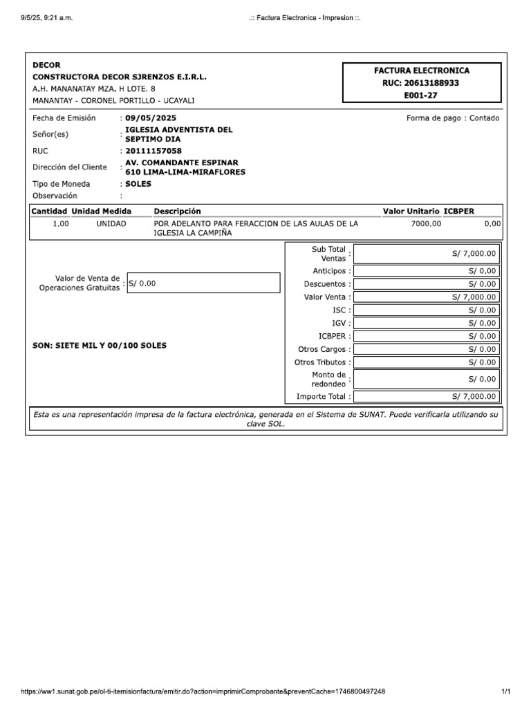 Factura E001-27 Adelanto para Refaccion de Las Aulas de La Iglesia La Campiña | PDF