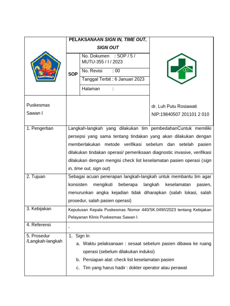 Prosedur Sign In, Time Out, Sign Out Operasi | PDF