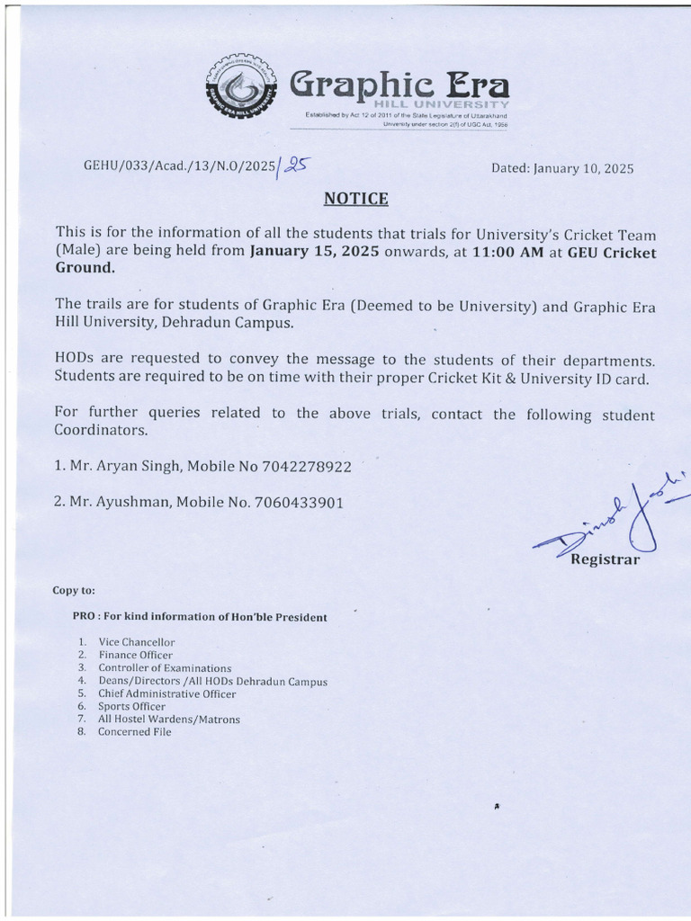 Notice No 25-Trial For Boys Cricket Team Jan 2025 | PDF