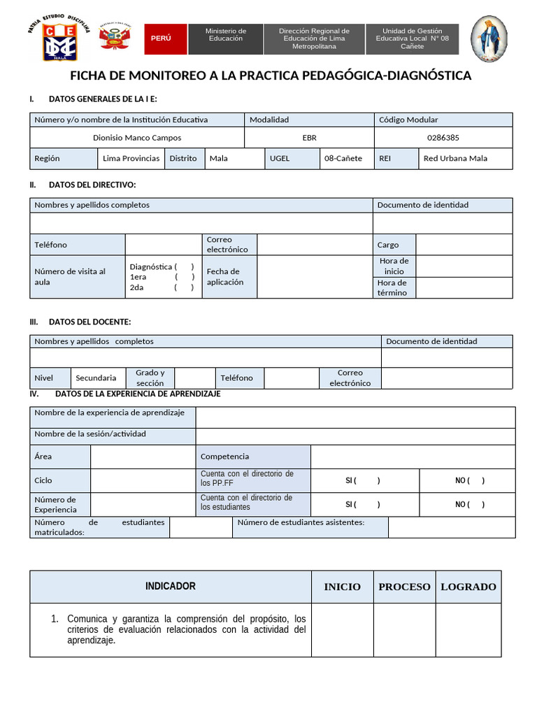 Ficha Diagnóstica 2022 - Monitoreo DMC | PDF | Maestros | Metacognición