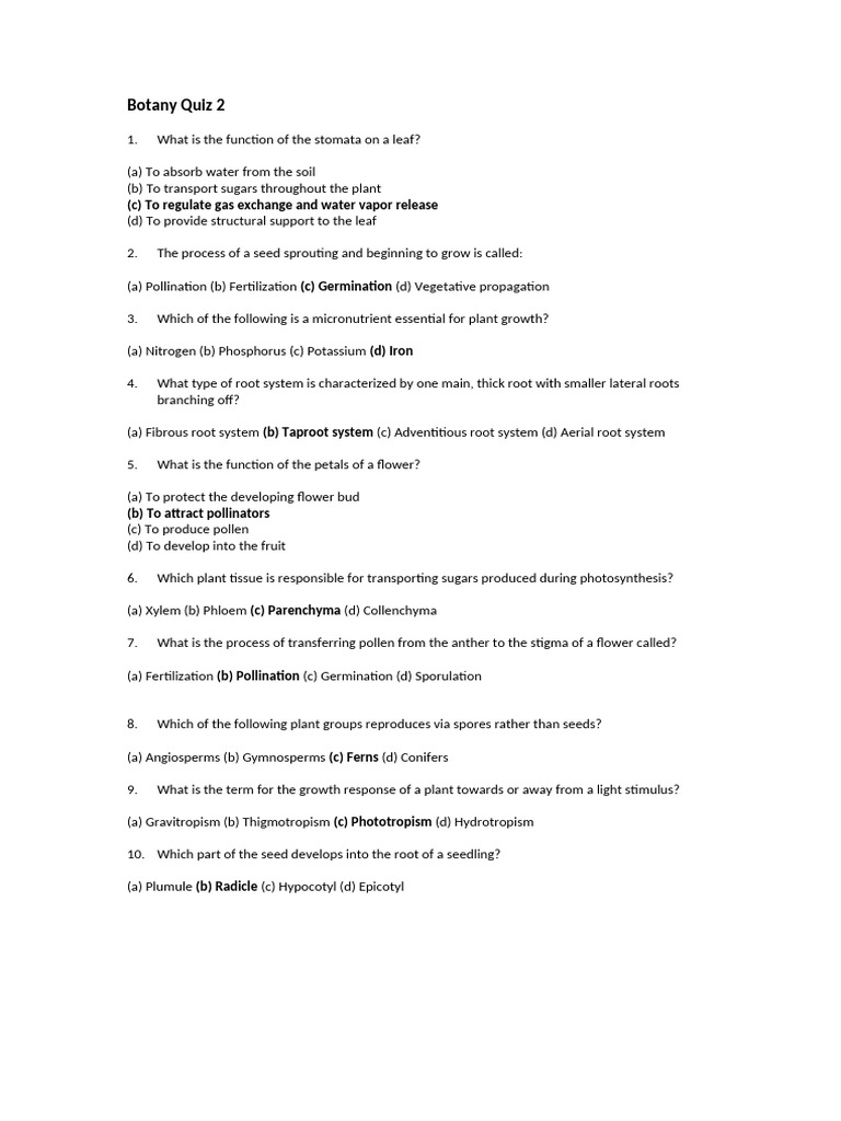 Botany Quiz: Plant Functions & Growth | PDF