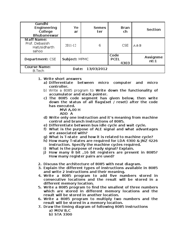 8085 Microprocessor Assignment Guide | PDF