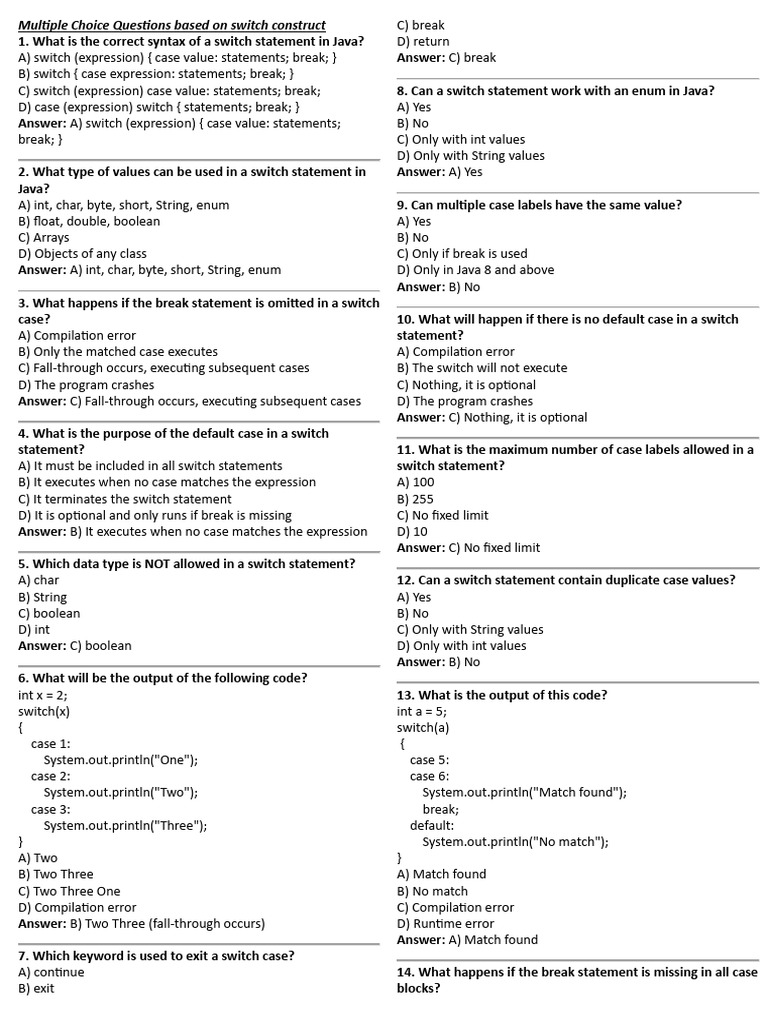 Multiple Choice Questions Based On Switch Construct | PDF | Computer Engineering | Programming ...