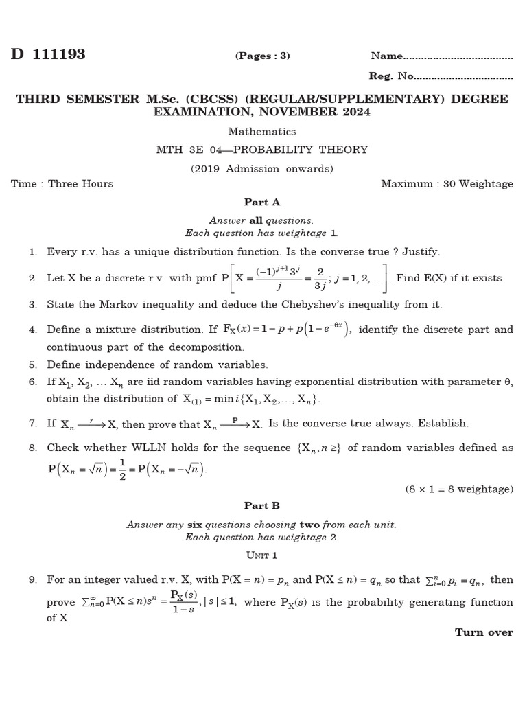 2024 MTH 3E 04_PROBABILITY THEORY | PDF | Random Variable | Statistical Models