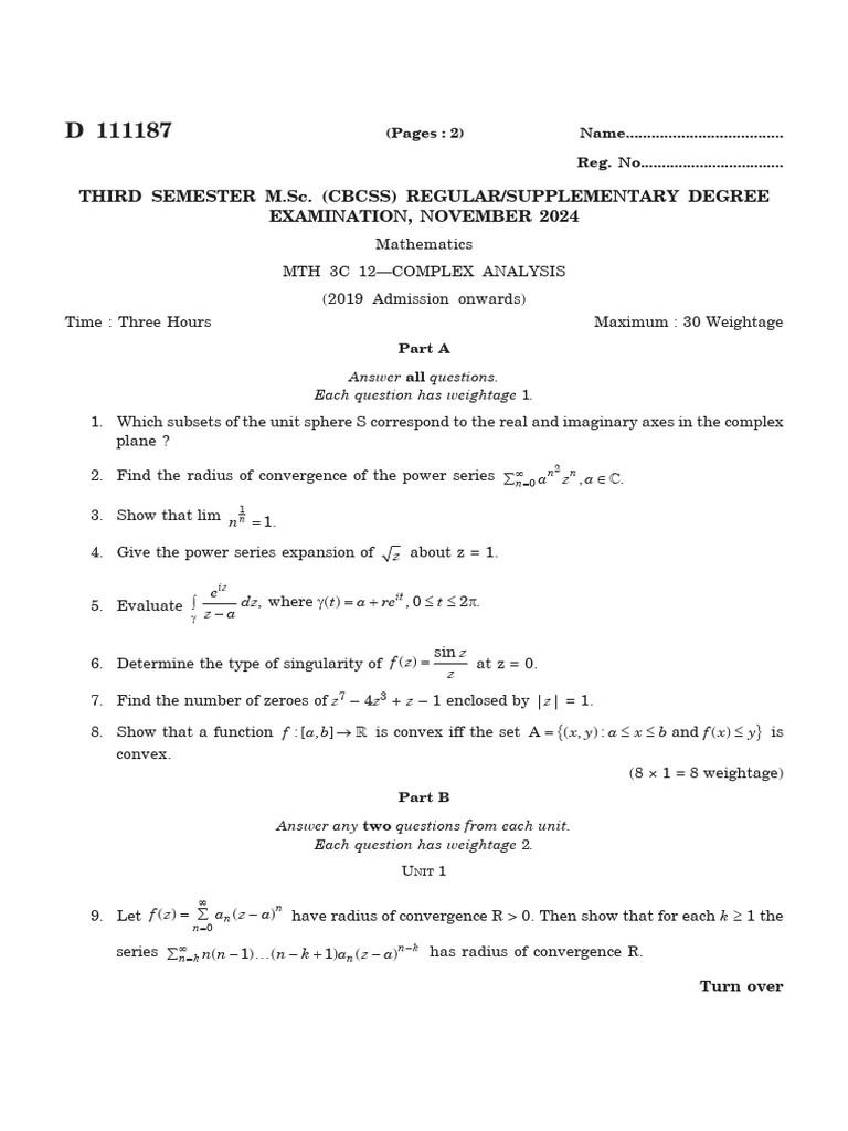 2024 MTH 3C 12 - D111187 - Complex Analysis | PDF | Power Series | Function (Mathematics)