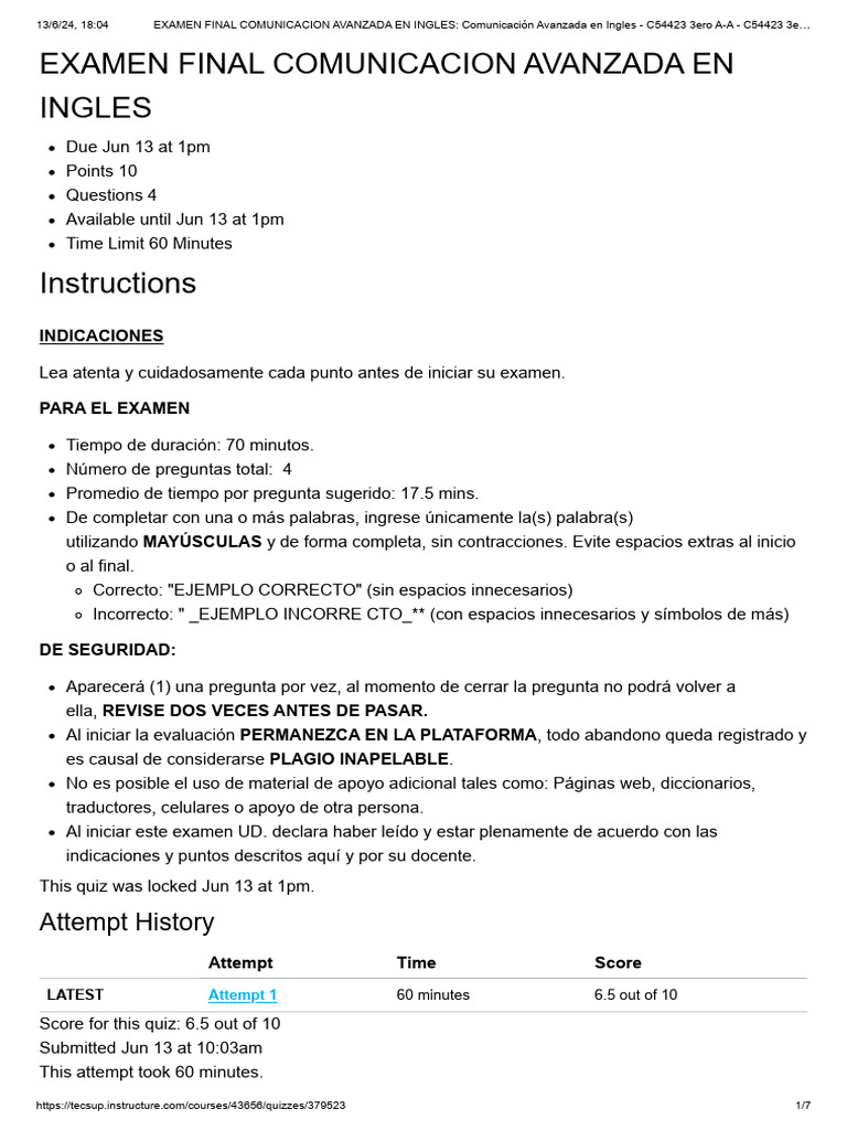 Examen Final Comunicacion Avanzada en Ingles - Comunicación Avanzada en ...