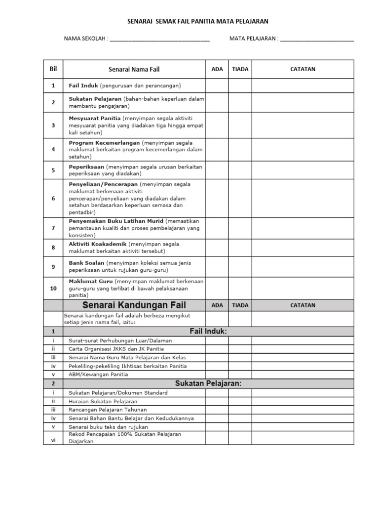 Instrumen Semakan Fail Panitia | PDF