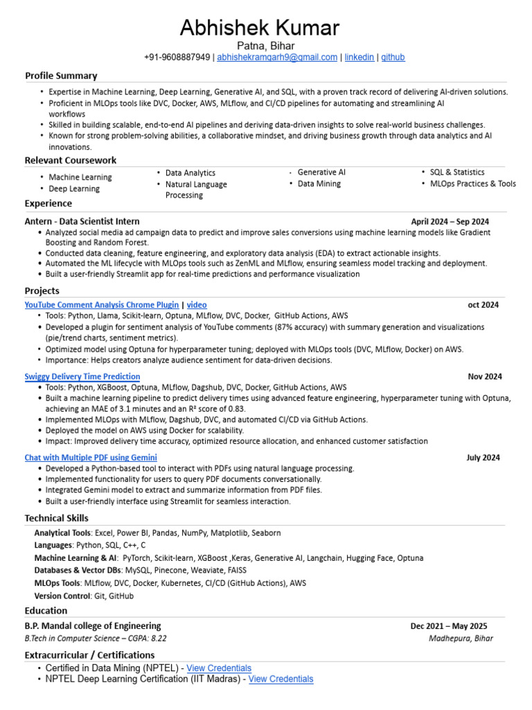 Abhishek Kumar Resume v2 | PDF | Artificial Intelligence | Intelligence ...