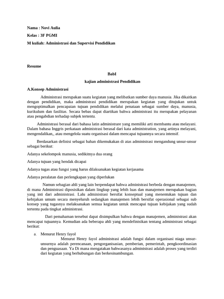 Bagi RESUME ADMINISTRASI PENDIDIKAN NOVI AULIA 3F PGMI | PDF