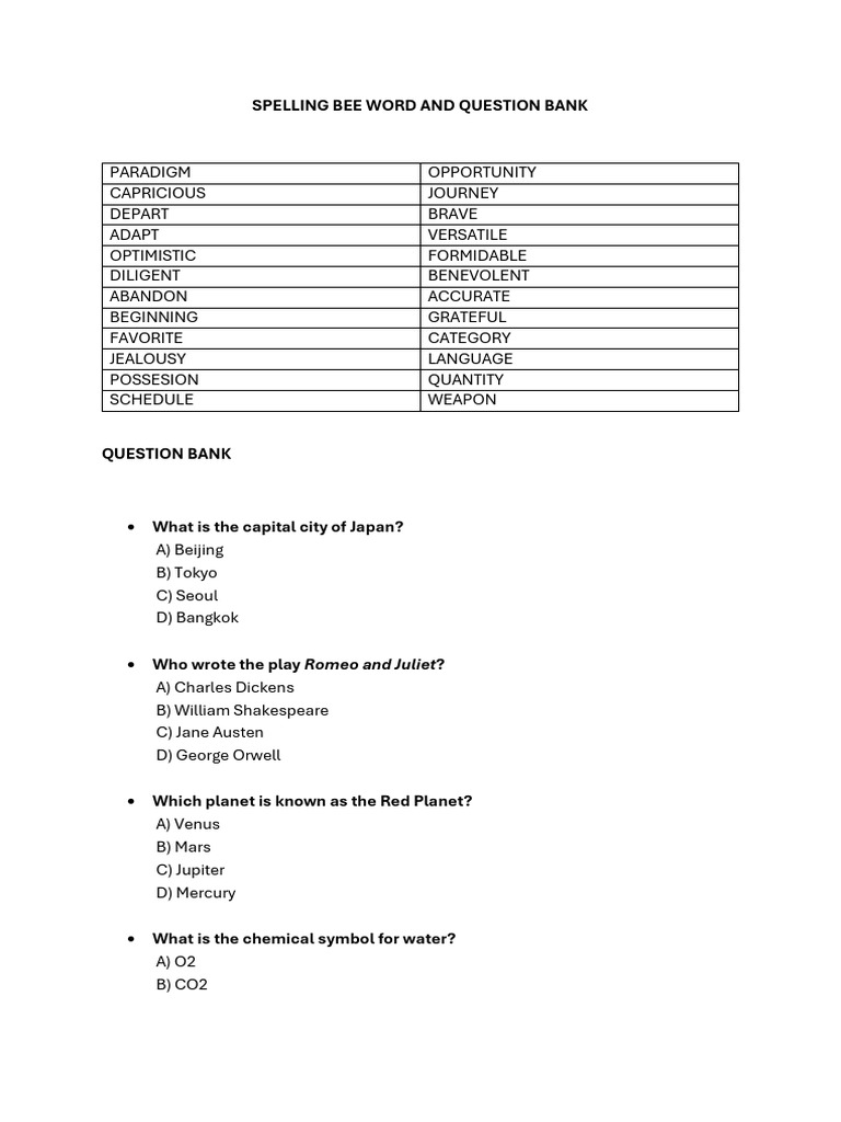 Spelling Bee Words & Quiz Questions | PDF