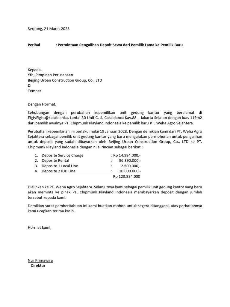 Surat Permintaan Pengalihan Deposit | PDF