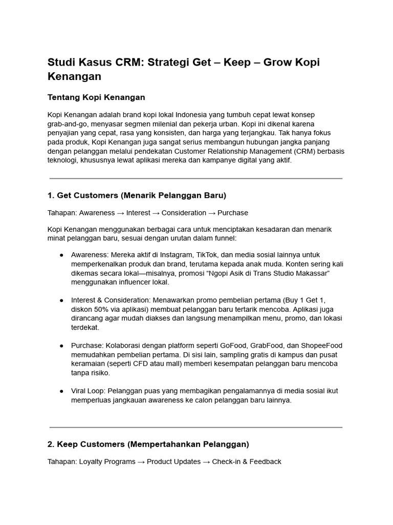 Strategi CRM Kopi Kenangan: Get, Keep, Grow | PDF