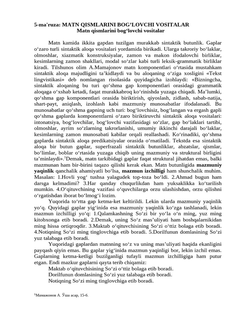 12 Mavzu Matn Qismlarini Bog'lovchi Vositalar Matn Qismlarini B | PDF